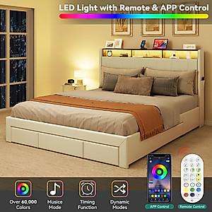 DWVO LED Bed Frame King Size, Storage Bed Frame with 4 Drawers & LED Light, Upholstered Platform Bed with Storage Bookcase Headboard and Charging Station, No Box Spring Needed, Easy Assembly, Beige