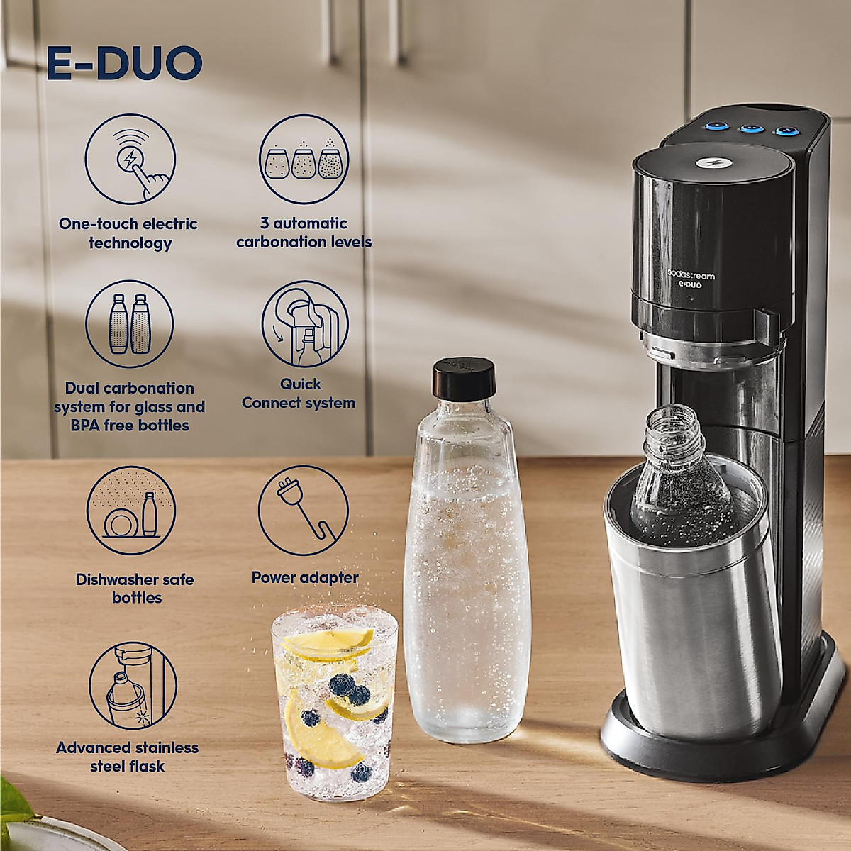 SodaStream E-Duo Sparkling Water Maker (Black) with CO2, Carbonating Bottle and Glass Bottle