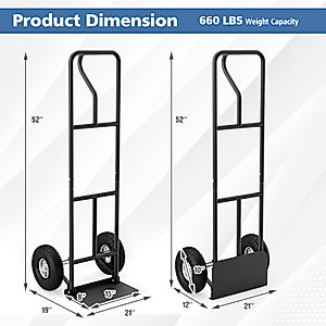 Goplus Hand Truck, P-Handle Hand Truck Dolly w/Vertical Loop Handle, 10” Pneumatic Rubber Wheels, 15”x 8” Foldable Nose Plate, 660LBS Capacity, Heavy Duty Metal Dolly Cart for Lifting, Stairs (Black)