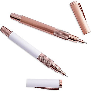 Rose Gold and White Cute Rollerball Pen Gift Set for Women - Aesthetic Writing Pen Set with Black Ink