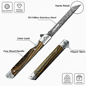 ohmonlyhoo Folding Knife, 3.5 inch Pocket Knife for Men with Wooden Handle,Tanto Knife with Stainless Steel Blade, for Men and Women