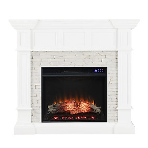 SEI Furniture Merrimack Faux Stone Corner Convertible Electric Fireplace, New Fresh White