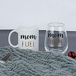 Mom Fuel Ceramic Coffee Mug＆Mom Juice Stemless Wine Glass Set of 2, Funny Mom Coffee Mug 11Oz Wine Glass 15Oz - Mother’s Day Gifts for Mom New Mom First Mom Wife, Christmas Birthday Gift from Kids