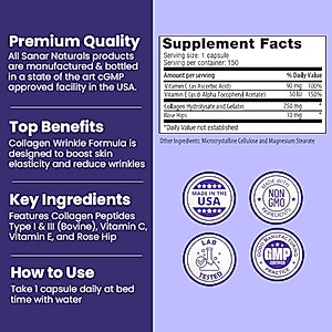 Sanar Naturals Collagen Pills with Vitamin C, E - Reduce Wrinkles, Promotes Hair, Nail, Skin, Joints, and Bone Health - Hydrolyzed Collagen for Women & Men, Collagen Peptides Supplement, 150 Capsules