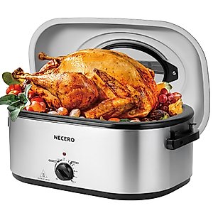 NECERO Roaster Oven 28 Quart Electric, Electric Roaster Pan with Visible&Self-Basting Lid, Large Stainless Steel Electric Turkey Roaster Oven Defrost Warm Function, Removable Pan Rack, Up To 24LB