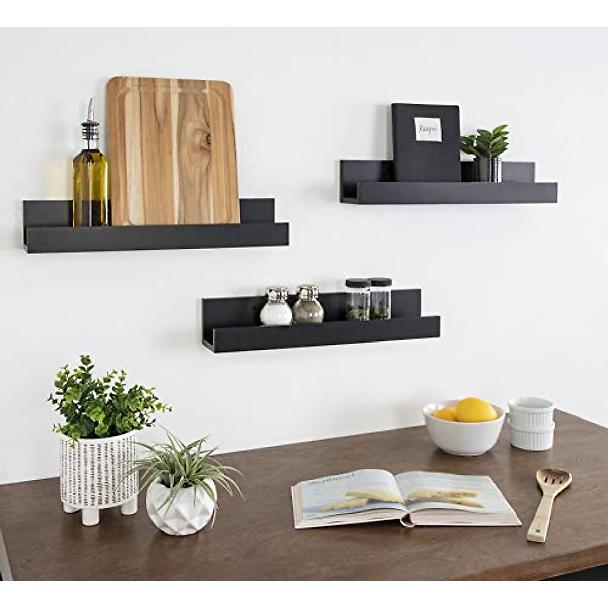 Kate and Laurel Levie Modern Floating Wood Wall Shelves, 18 inches, Set of 3, Black, Chic Picture Frame Ledges for Wall