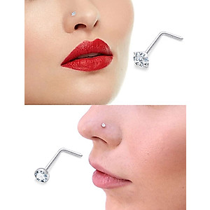 Vsnnsns 20G Nose Rings for Women Men 316L Surgical Stainless Steel L Shaped Nose Studs Screw Bone Nose Rings Piercings 20 Gauge Nostril Piercing Nose Studs Jewelry Diamond CZ 2mm Silver