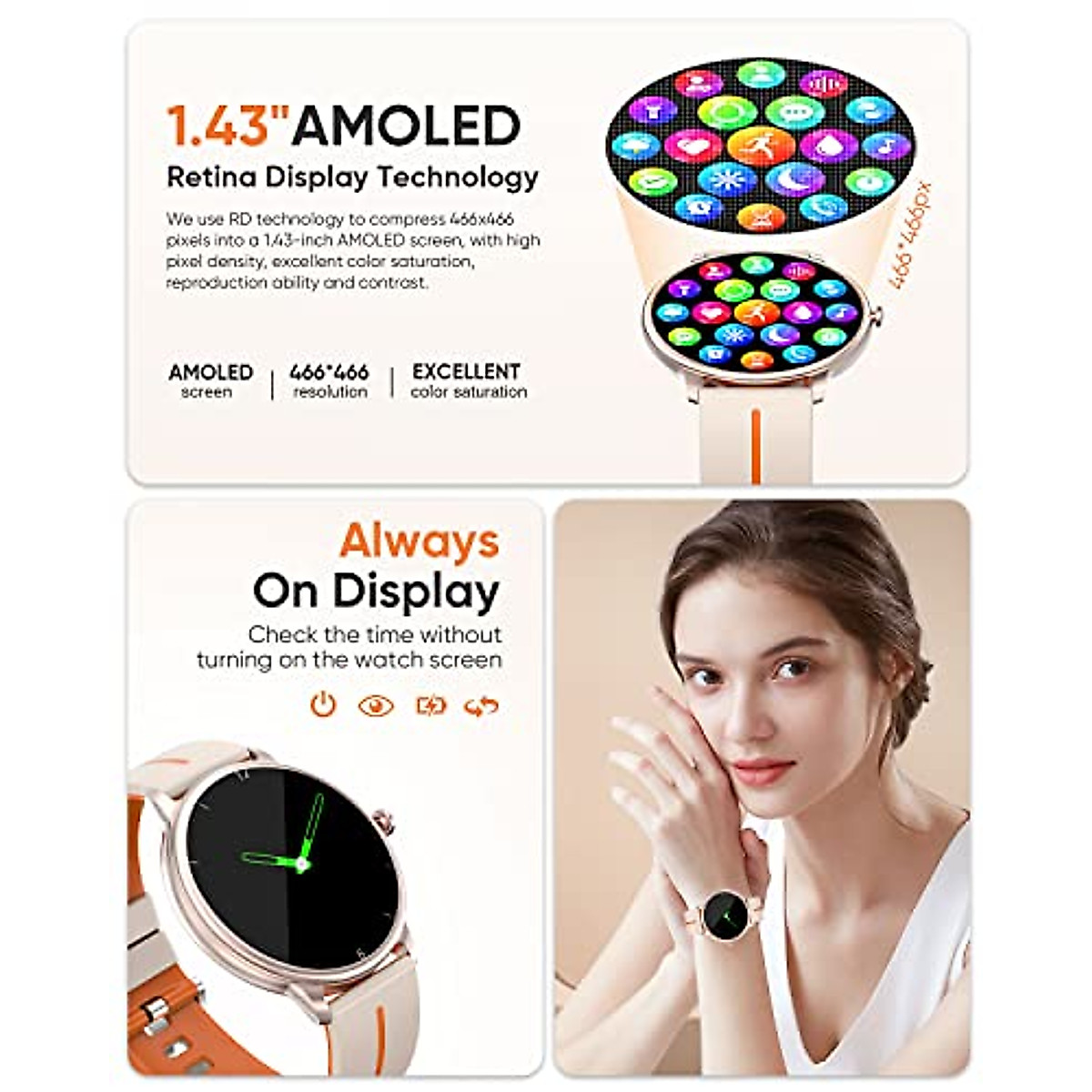 HYSTORM Health Smart Watches for Women, 1.43" AMOLED Always-on Display Fitness Tracker Smart Watch with Bluetooth Call, 8 Health Apps Blood Glucose HRV Monitor Waterproof Smartwatch for Android iOS