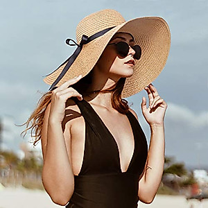 Womens Straw Hat Wide Brim Floppy Beach Sun Hat for Women UPF 50+ Adjustable Strap Vacation