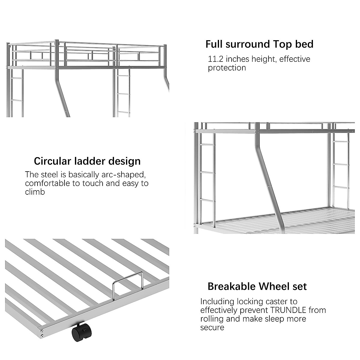 Merax Twin Over Full Bunk Bed with Trundle, 3 in 1 Triple Bunk Beds, Sturdy Steel Bunk Beds Frame for 3 Kids/Teens with Two Side Ladders and Safety Guard Rail,Silver Color