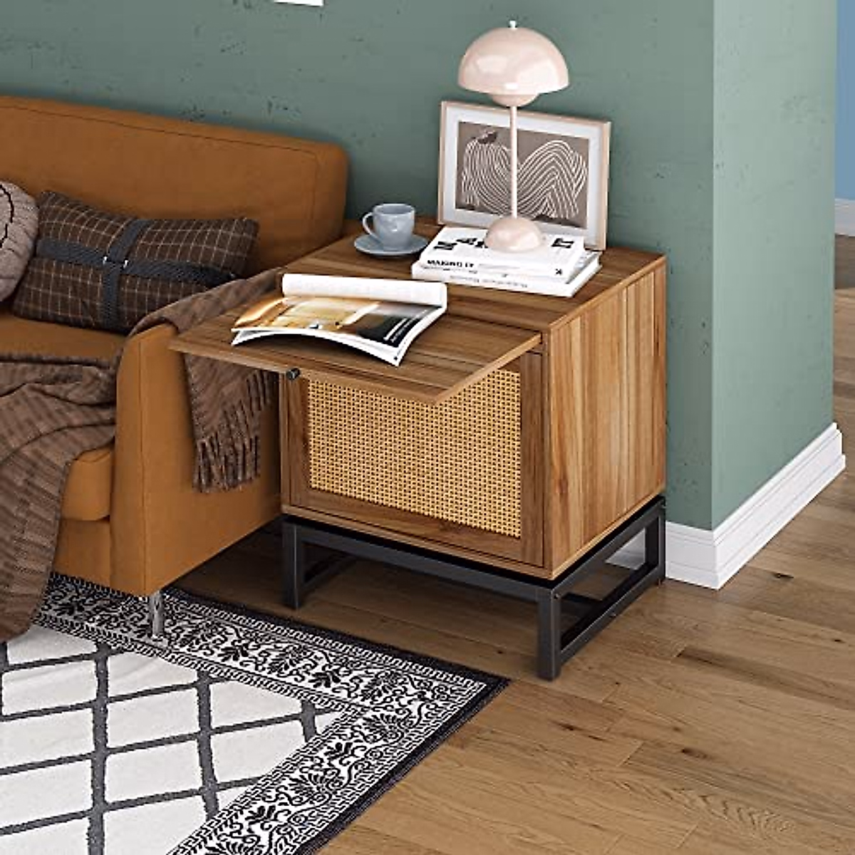 SeokIljin Natural Rattan Door Nightstand,with 1 Rattan Door Drawer,Rustic Bedside Table Cabinet Accent Table with Sturdy Metal Leg for Living Room,Bedroom