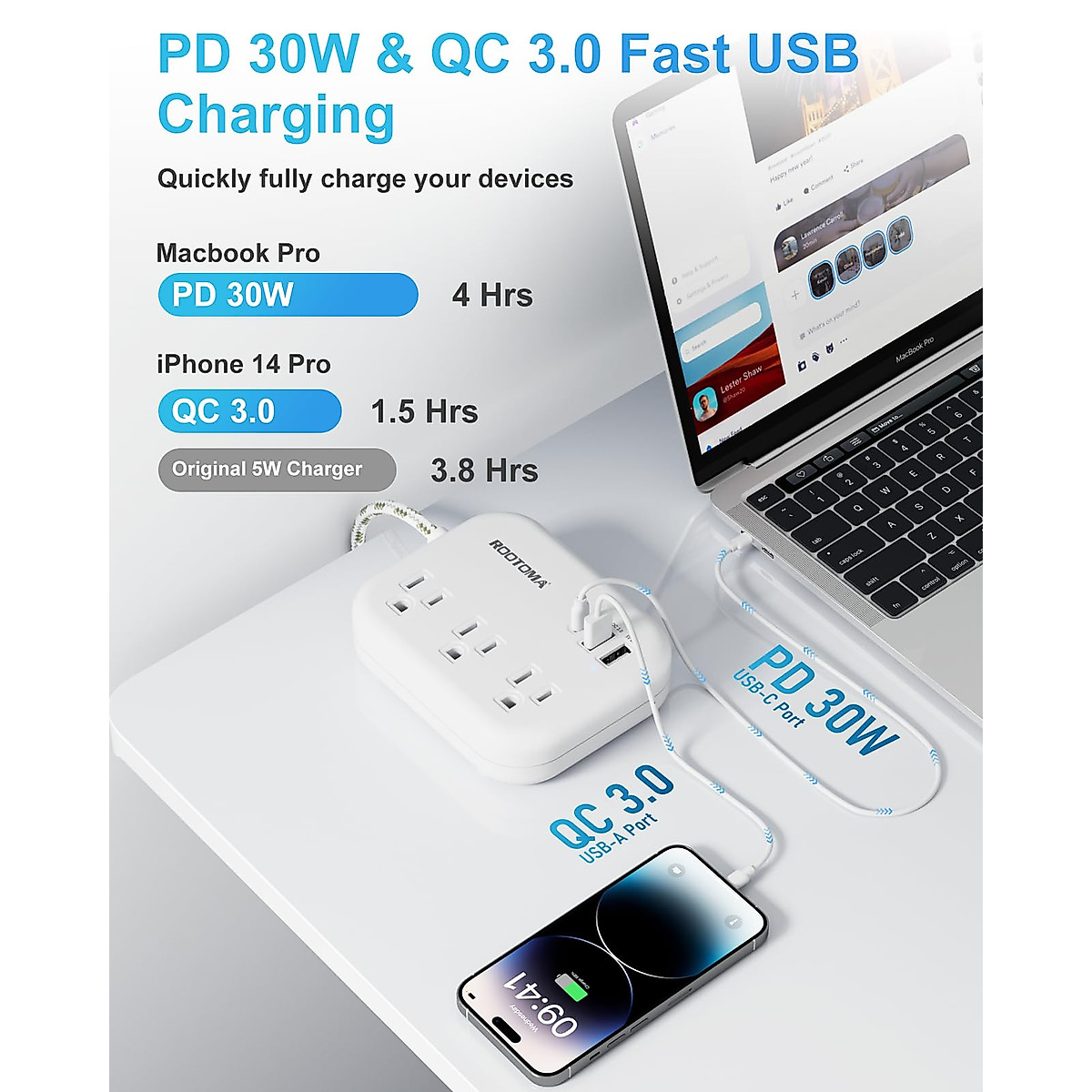 Power Strip with USB C, 3 Outlets 3 USB Ports, Desktop Charging Station with 5 Ft Braided Extension Cord and Flat Plug, Compact for Cruise Ship, Travel, Home, Office, White