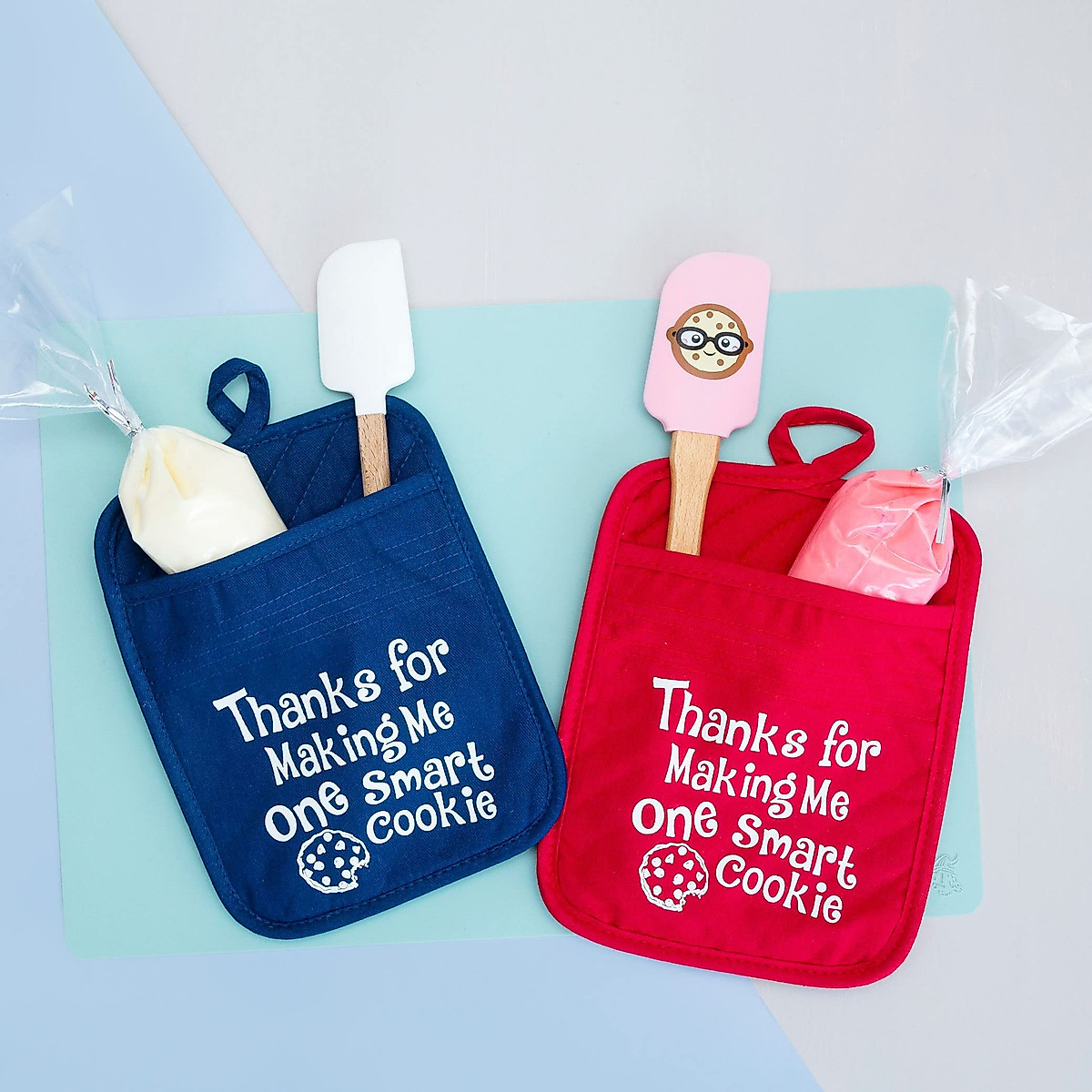 Teachers Gift for Women, Appreciation Week Pot Holder, One Smart Cookie Thank You Present Potholder - Set of 2 Blue