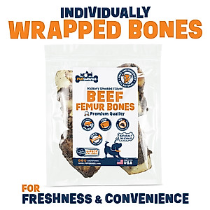 PUPDAWGS Single Ingredient Dog Bones - Made in USA - Beef Femur Bones - Natural Dog Bones for Aggressive Chewers - from USDA Inspected Beef - Hickory Smoked - Individually Wrapped (4 Piece Pack)