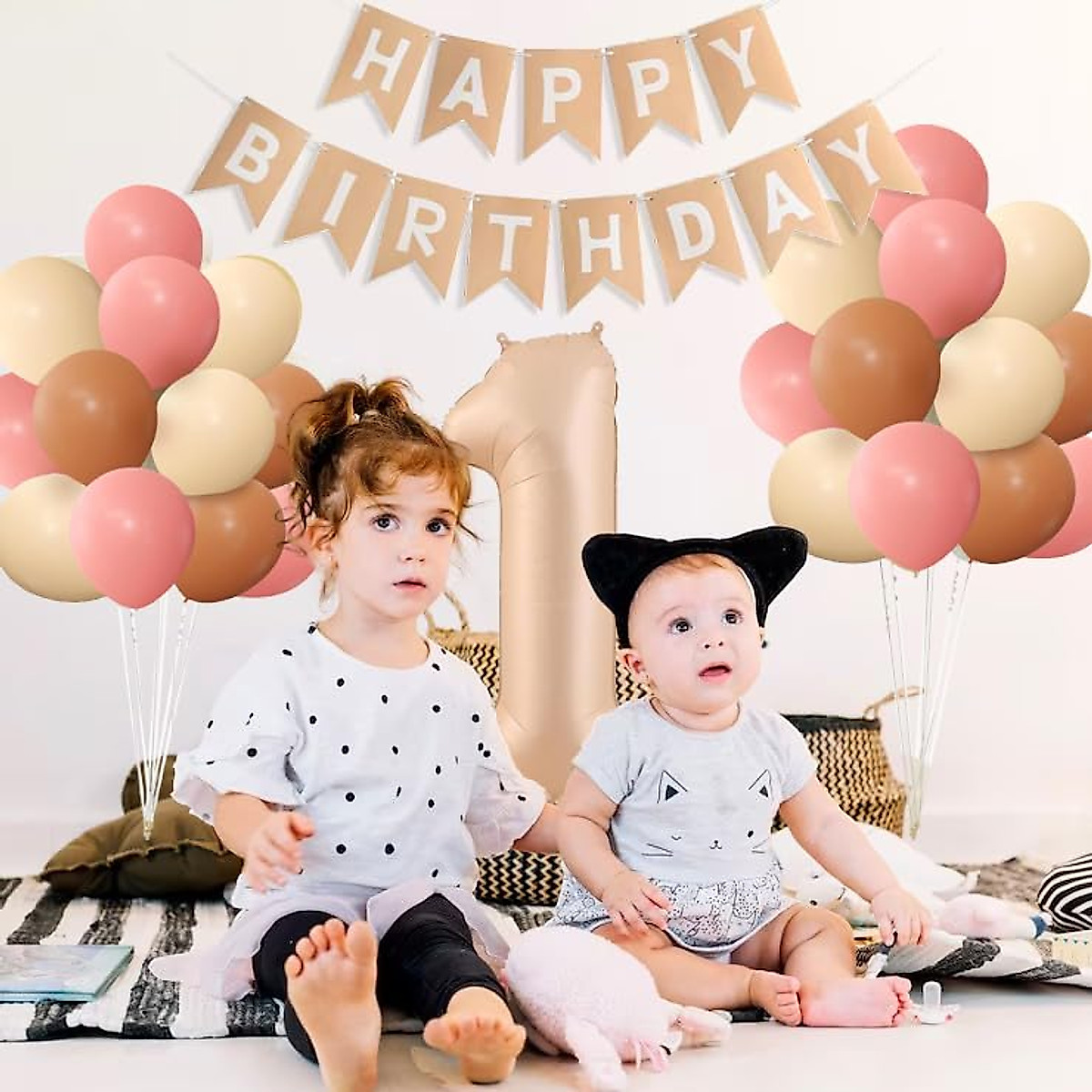 Boho 1st Birthday Decorations For Girls,40 Inch Cream 1 Balloon, Nude Dusty Pink Brown Balloons And Birthday Banner For Boho One Year Old Birthday Decorations Groovy Anniversary Baby Shower Decor