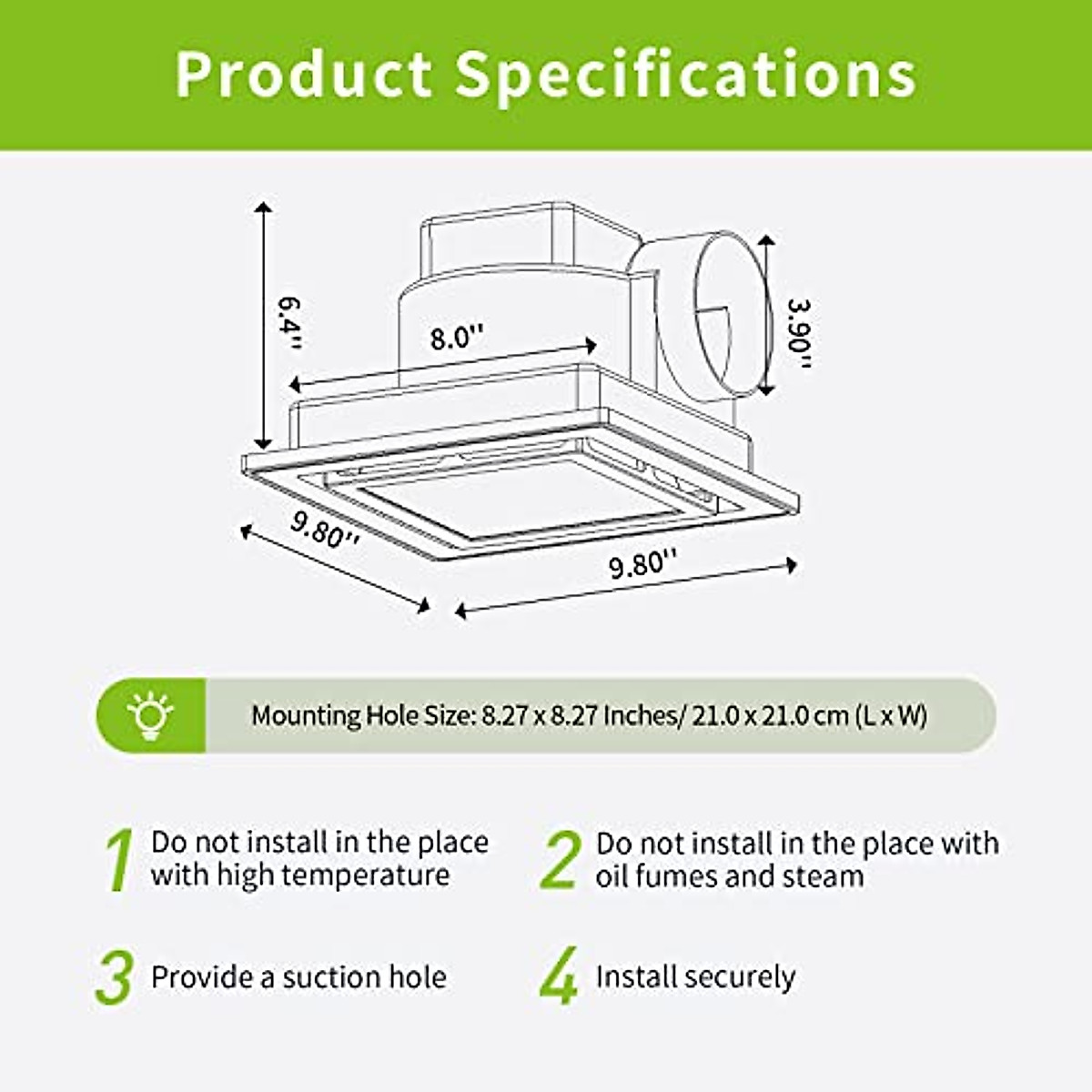 Tolery Bathroom Fan with Light Ceiling Mount Shower Ventilation Exhaust Fan with Color Change Light 3000K/4000K/6000KVent Fan and Light Combo for Home 1.0Sone 110 CFM 110V 4" Duct Square White