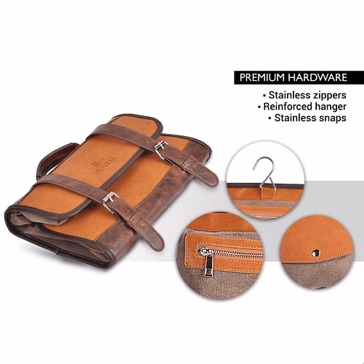 Vetelli Foldable Hanging Leather Travel Toiletry Bag for Men with 2 Zippered Internal Pockets, 2 Snap-Fastened Internal Pockets, and Hanging Hook