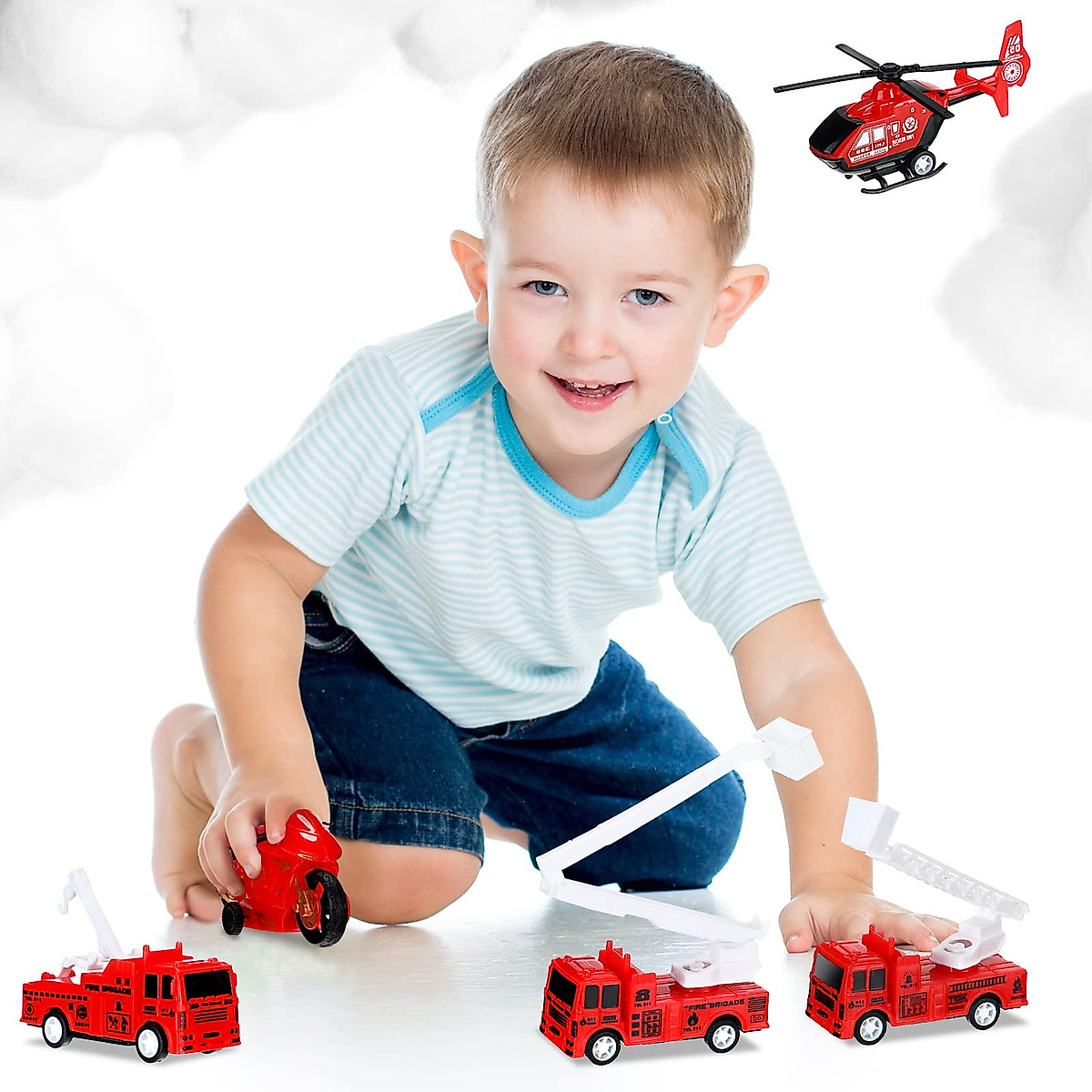 50 Pack Mini Fire Trucks Toy Bulk Firetruck Birthday Party Favor Red Vehicle Helicopter Motorcycle Party Supplies Cake Decoration and Bag Filler Gift for Kids Toddler over 6 Years, 7 Styles