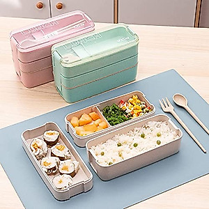 Rarapop 2 Pack Stackable Bento Box Japanese Lunch Box Kit with Spoon & Fork, 3-In-1 Compartment Wheat Straw Meal Prep Containers for Kids & Adults (Pink/Beige)
