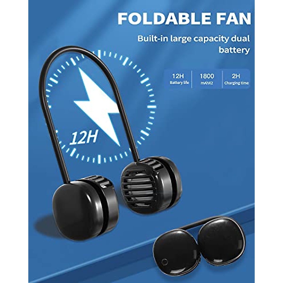 Unitedtime Neck Fan Portable Foldaway, 3 Speeds, Battery Operated Wearable Personal Fan, Neck Cooler, 360° Cooling Hanging Fan for Neck, USB Rechargeable Necklace Fans for Men/Women (Black)