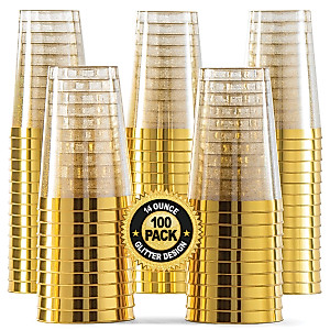 100 Gold Plastic Cups 14 Oz Gold Glitter with a Gold Rim - Premium Disposable Party Cups - Elegant and Classy Sturdy Cups - Weddings Birthdays Anniversaries and Other Social Events