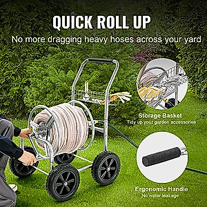 VEVOR Hose Reel Cart, Hold Up to 250 ft of 5/8’’ Hose, Garden Water Hose Carts Mobile Tools with 4 Wheels, Heavy Duty Powder-Coated Steel Outdoor Planting with Storage Basket, for Garden, Yard, Lawn