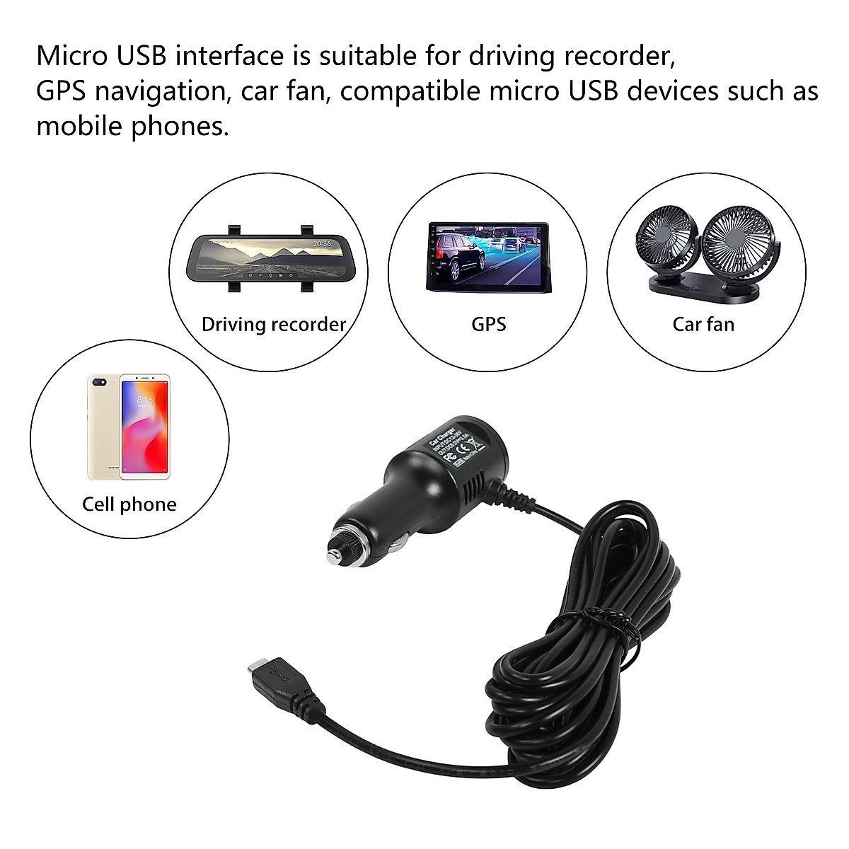 RIIEYOCA Dash Cam Micro USB Power Cable, with Switch USB 5V 2.4A Port, for Most Dash Camera and GPS Navigation, Compatible with USB Port Devices（Cable:11.48ft）