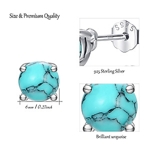 Turquoise Studs Earrings, 925 Sterling Silver Round Shape Tiny Studs, Turquoise Jewelry Mother Day Gift for Women Daughter Girlfriend with Gift Box-4mm 6mm