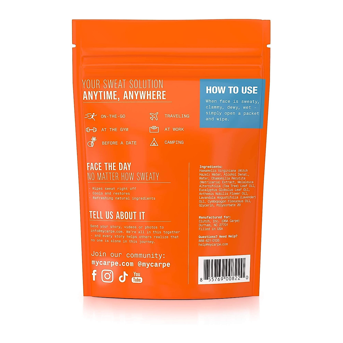 Carpe Sweat Absorbing Face Wipes (15 Facial Wipes). Witch Hazel & Tea Tree Oil Wipes Infused with Eucalyptus. Energizing, Refreshing, and Soothing. Sweat and Oil Control