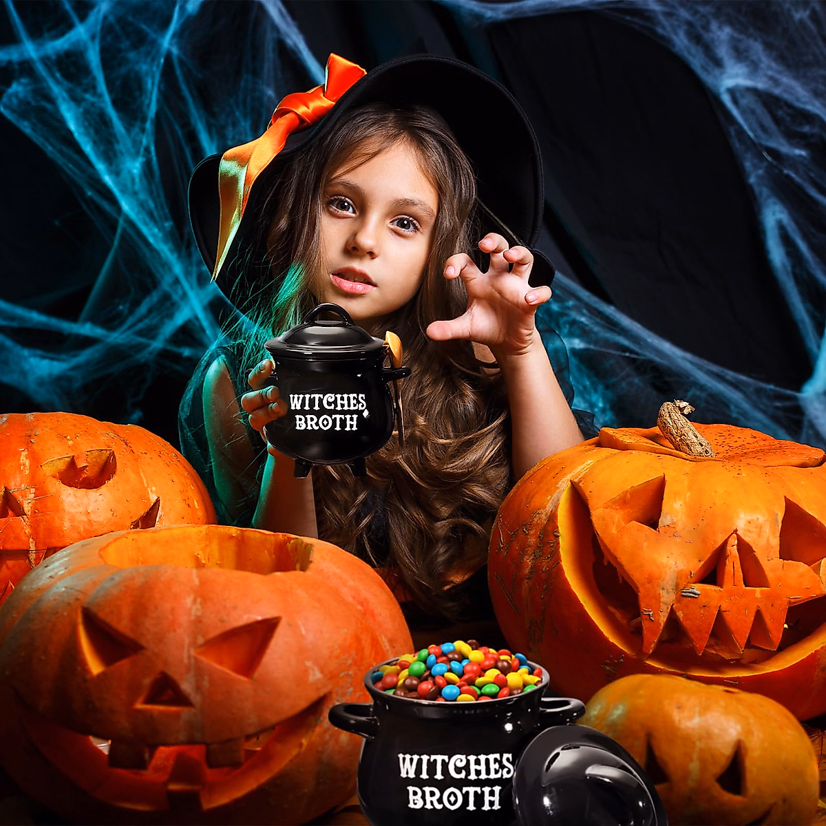 Bokon 4 Sets Witches Broth Cauldron with Broom Spoon 22 oz Ceramic Bowl Cauldron Pot for Soup Serving Halloween Kitchen Decorations