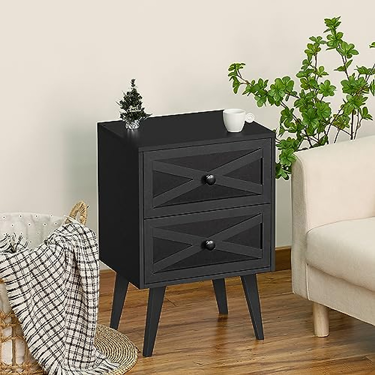 Lerliuo Black Nightstand Set of 2, Bed Side Table with 2 Drawers Barn Door, Solid Wooden Legs Night Stand, Mid Century Modern End Table Storage Wood Cabinet Dresser for Bedroom, Dorm