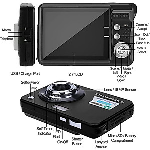 eDealz 18MP Megapixel Digital Camera Kit with 2.7" LCD Screen, Rechargeable Battery, 32GB SD Card, Card Holder, Card Reader, HD Photo & Video for Indoor, Outdoor Photography for Adults, Kids (Black)