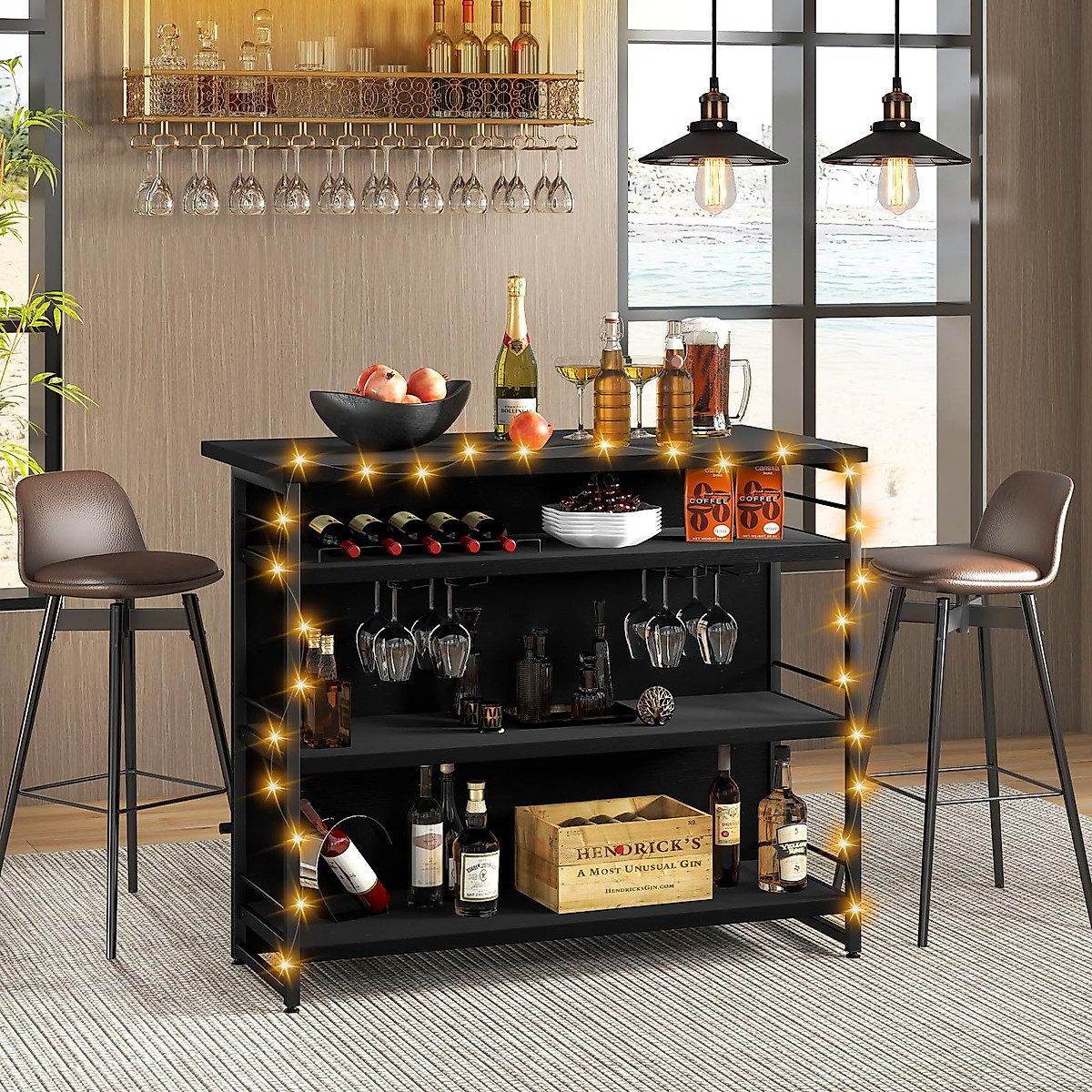 Giantex Home Bar Unit, 4 Tier Liquor Bar Table with Footrest, Wine Bottle Racks, Glass Holder, Industrial Corner Mini Coffee Bar Cabinet for Home Kitchen Pub (Black)