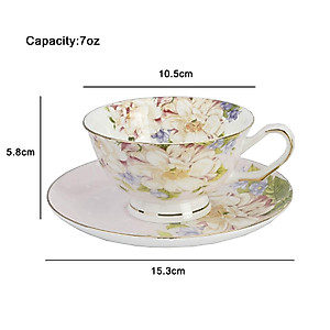 JinGlory Pink Tea Cup,Floral Tea Cup and Saucer Set,Bone China Tea Set,Coffee Cup,Tea Set for Adults/Friends/Women/Men,7OZ
