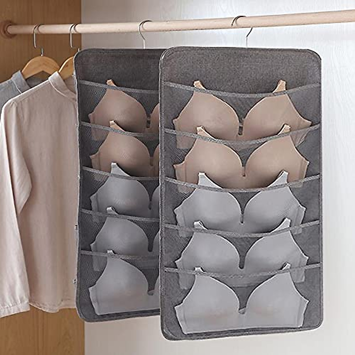 TuuTyss Dual-Sided Hanging Mesh Pockets Closet Organizer for Underwear,Bra,Socks,Accessories with Hanger,10 Large Pockets-Grey