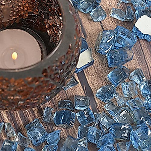 HOKPA Reflective Tempered Fire Glass 1lb, Blue Crushed Glass Fire Pit Glass Fire Gems Chips for Fire Pit Patio Fireplace Decoration Vase Filler