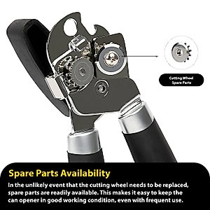 AHRAM Manual Can Opener, Sharp and smooth glide cutting wheel, With magnet lefter, Safe edge, Made with heavy duty materials, With additional glide cutting wheel as a spare part, With a bottle opener