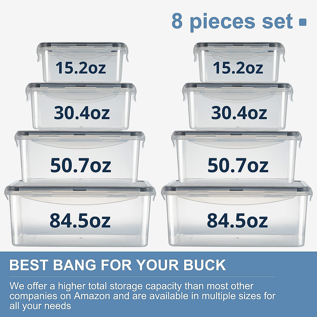 KITHELP Large Food Storage Containers Set - Pack of 16 (8 Containers & 8 Lids) 15-85 Oz Plastic Food Containers with Lids - Leak Proof & BPA-Free & Microwave, Dishwasher Safe for Kitchen Storage