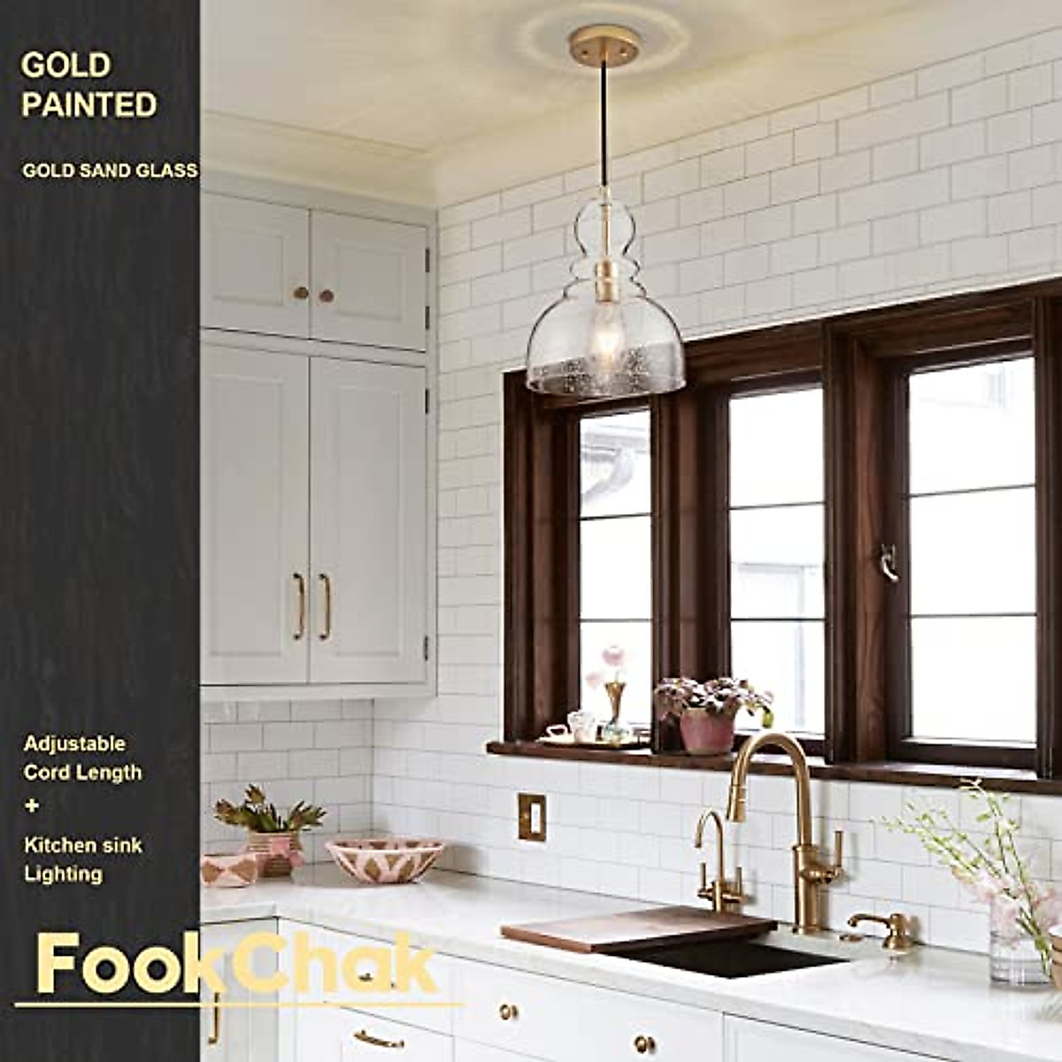 FookChak Gold Pendant Light, Modern Glass Pendant Lighting Over Table 10inch Large Brass Ceiling Haning Light Fixture for Kitchen Island Kitchen Sink Dining Room Hallway Entrance, 1-Light E26