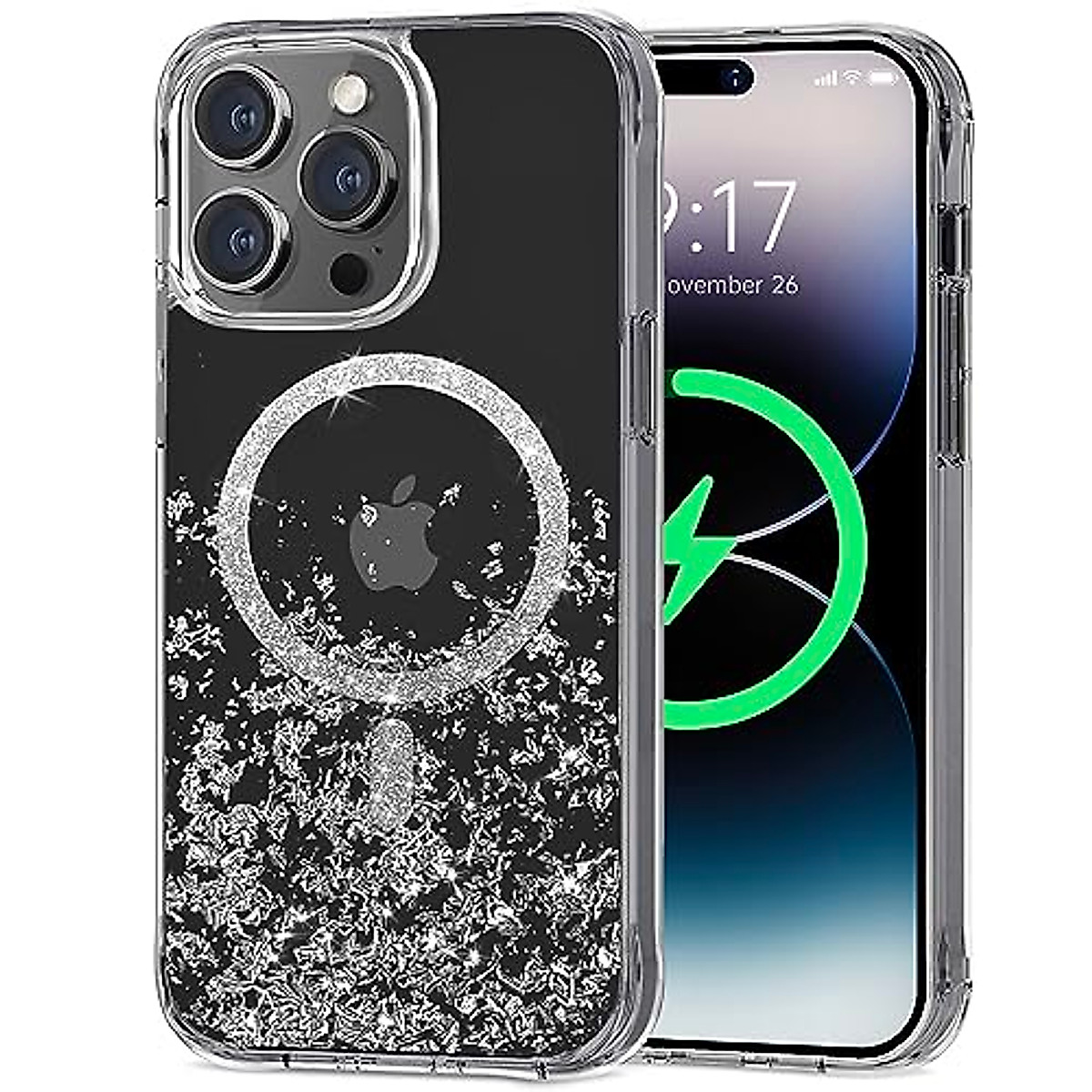 YAKGWERC【Bling Magnetic Ring Design Magnetic Glitter Case for iPhone 13 Pro Max [Compatible with MagSafe] [3-D Craft Glitter] Sparkly Cover for Women Girls, Clear Shockproof Silicone Bumper - Silver