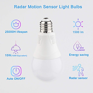 Motion Sensor Light Bulb Outdoor Indoor, 15W (100W Equivalent) Daylight 5000K 1500LM E26 A21 Radar Motion Activated Dusk to Dawn Light for Stairway, Hallway, Porch, Garage, Driveway, Patio, 2 Pack