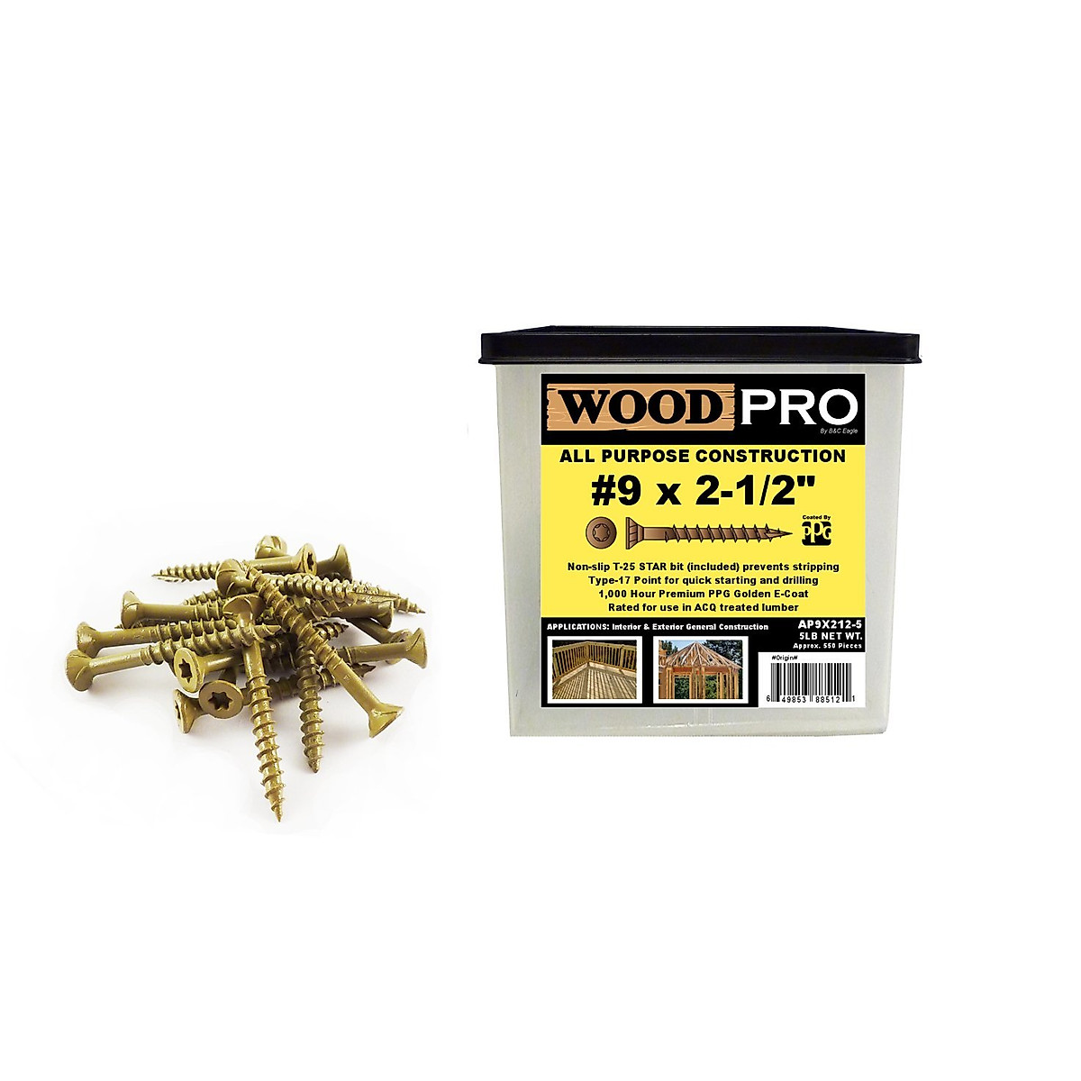 WoodPro Fasteners AP9X212-5 T25 5-Pound Net Weight 9 by 2-1/2-Inch All Purpose Wood Construction Screws, 500-Piece, Gold