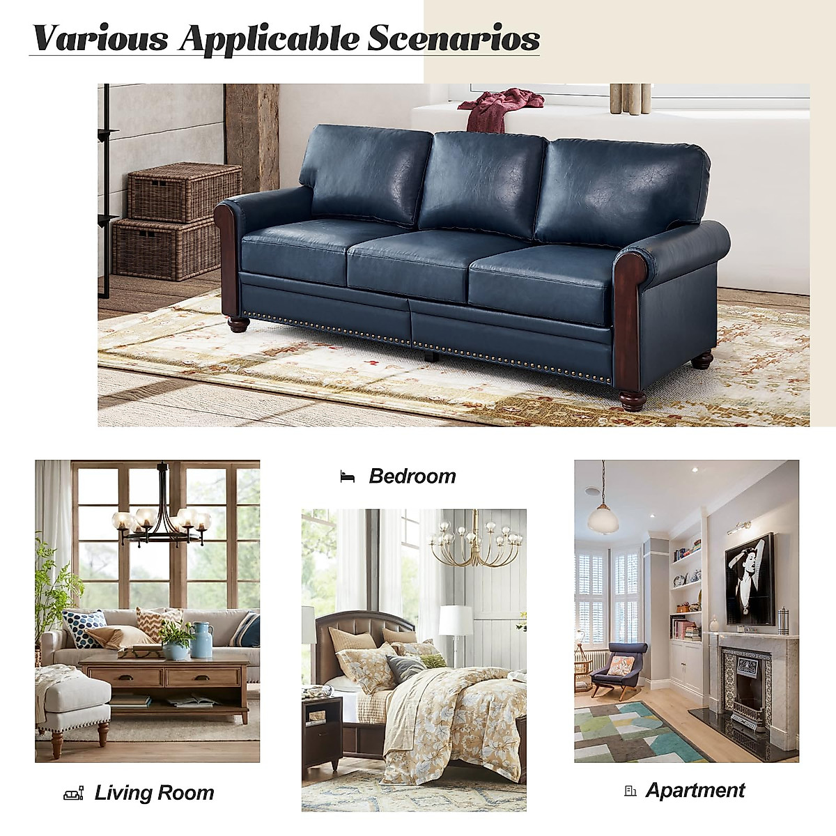 HULALA HOME 81'' Faux Leather Sofa with Nailhead Trim and Wood Decor Rolled Arms, Modern Living Room 3-Seater Couch, Navy Upholstered Couch with Removable Backrest for Bedroom Apartment