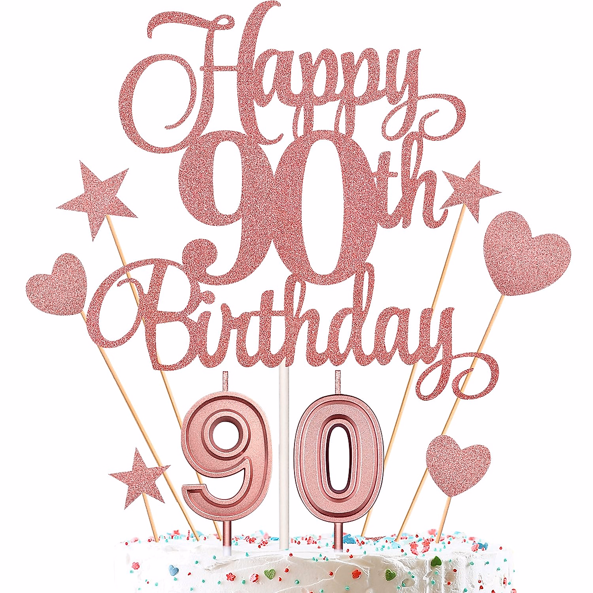 90th Birthday Cake Decorations Set Include 90th Birthday Candles Numeral 90 Cake Candles and Happy 90th Birthday Cake Toppers with Heart Star Cupcake Picks for Birthday Party (Rose Gold Series)