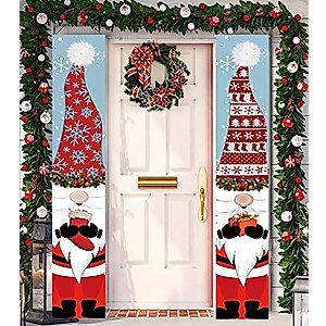 Merry Christmas Hanging Banner Porch Sign with Pattern Santa Claus Christmas Tree Snow Cap Gift Banner for Home Yard Indoor Outdoor Wall Door Christmas Party Decorations 72"x12"