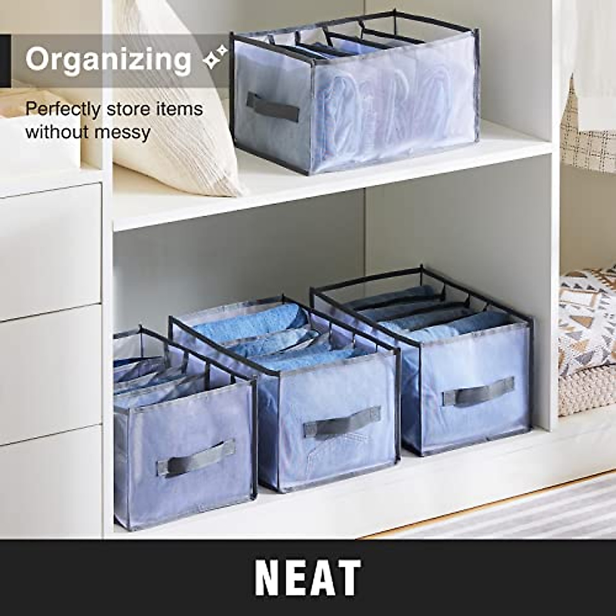 TECHMILLY Clothes Drawer Organizer for Jeans, 5 & 7 Grids Closet Pants Organizers, Wardrobe Storage Baskets for Jeans, Shirts, Sweaters