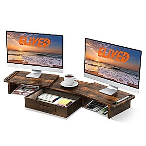 ELIVED Dual Monitor Stand Riser with Drawer-Adjustable Length and Angle, Monitor Stand Riser for 2 Monitors, Desktop Organizer Stand for Computer/Laptop/PC/Printer (Rust Brown)