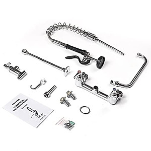 IMLEZON Commercial Wall Mount Kitchen Sink Faucets Brass Constructed Polished Chrome Pre-Rinse Device 25" Height 8" Center with Coilded Spring Pull Down Sprayer and 12" Add-on Spout