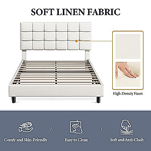 Yaheetech Full Upholstered Bed Frame, Platform Bed Frame with Square Tufted Fabric Headboard Height Adjustable, Wooden Slats Support, No Box Spring Needed, Beige