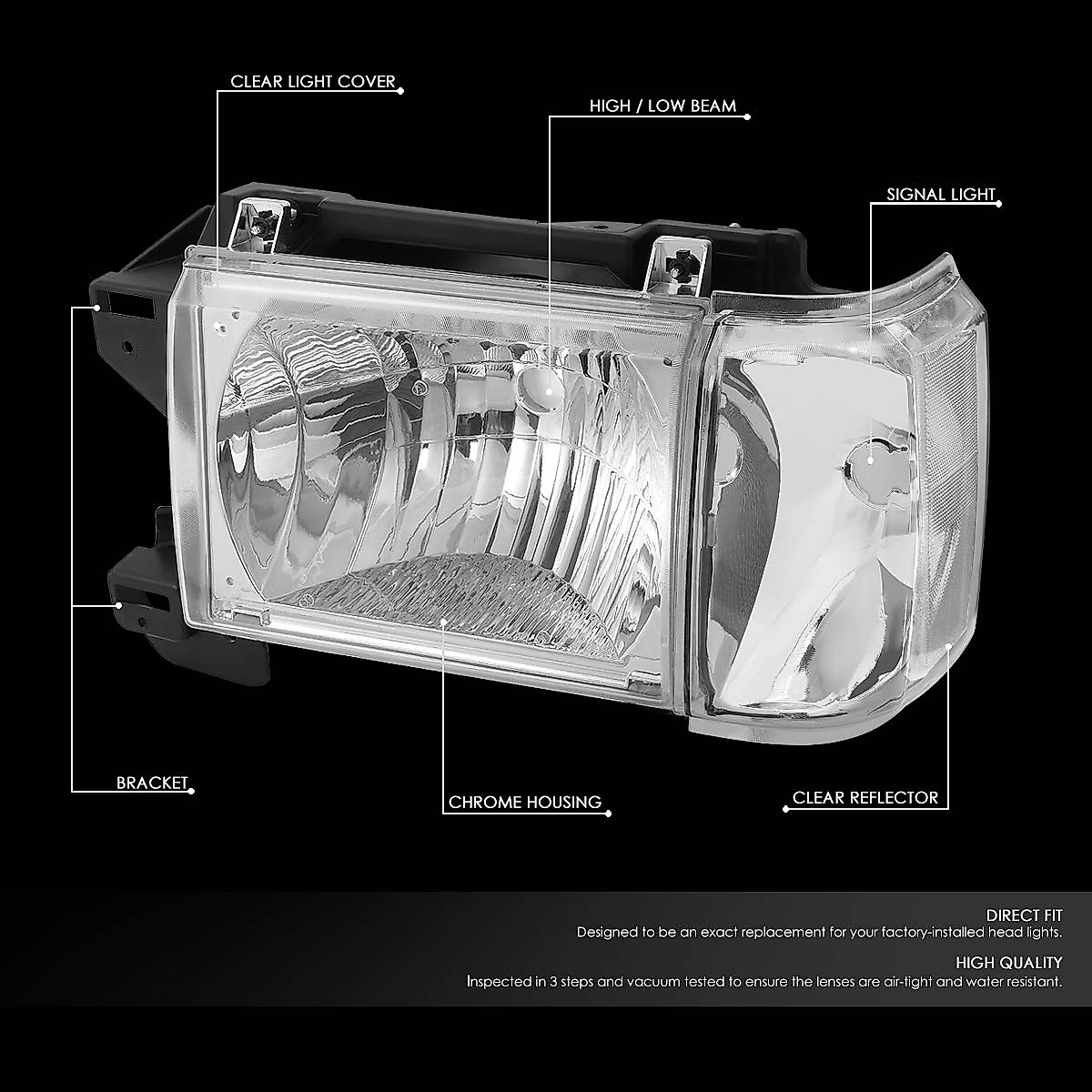 Auto Dynasty Factory Style Headlights Assembly Head Lamps Compatible with Ford Bronco F150 F250 F350 1987-1991, Driver and Passenger Side, Chrome Housing Clear Corner